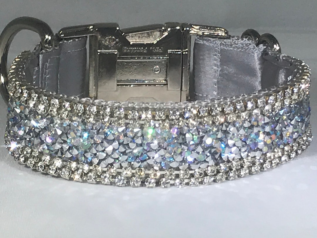 Real Rhinestone Bling Dog Collar 1" Grey Satin Four Sparkling Rows of ...