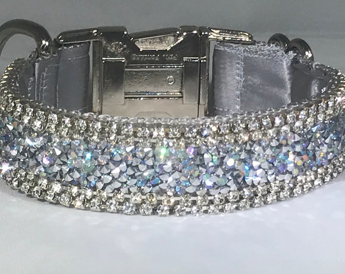 Real Rhinestone Bling Dog Collar 1" Grey Satin Four Sparkling Rows of ...