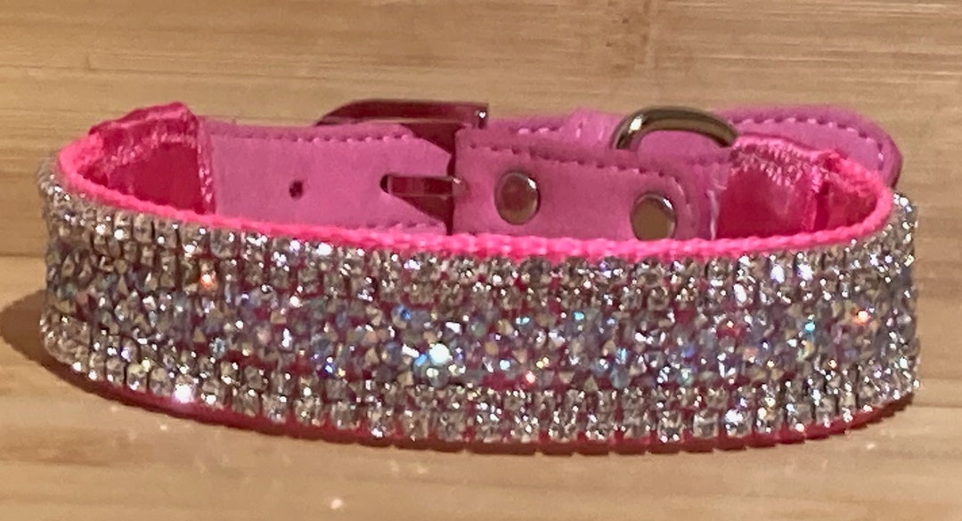 Bright Pink Satin Real Rhinestone Dog Collar, Four Rows of Dazzling ...
