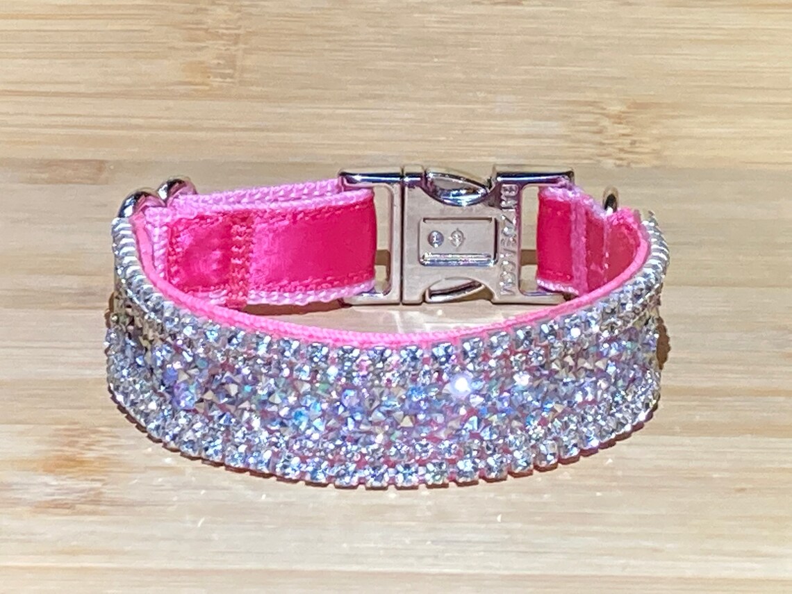 Bright Pink Rhinestone Bling Dog Collar, 4 Rows of Diamonds, 1" Wide ...