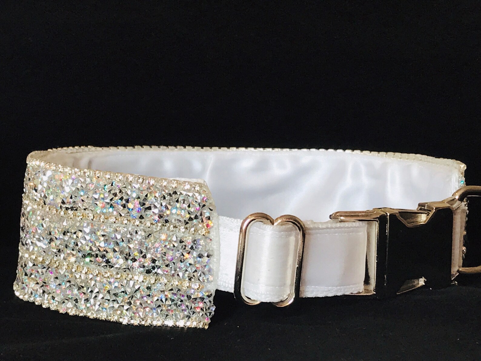 Real Rhinestone White Collar 2" Wide White Satin Lined 1" Metal Buckle ...