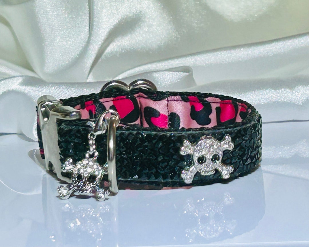 Black Rhinestone & Sparkly Skull Collar Pink or Tan Leopard Satin ...