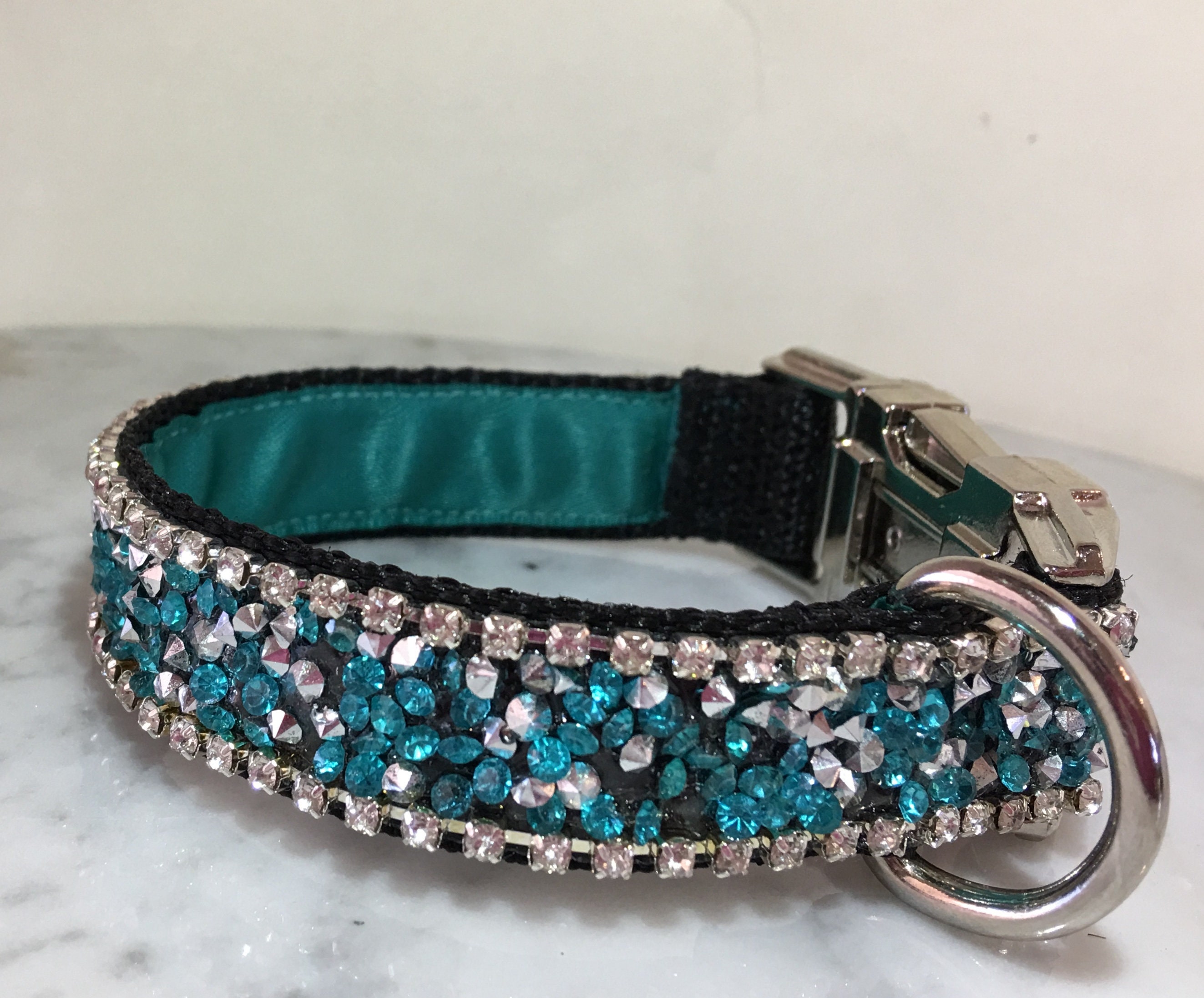 Blue Rhinestone Bling Dog Collar Turquoise Satin Lined | Etsy