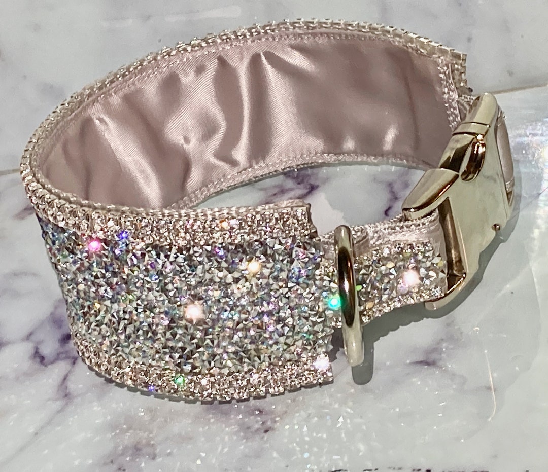 Real Rhinestone Bling Big Dog Collar, Silver Satin Lined, Modern Metal ...