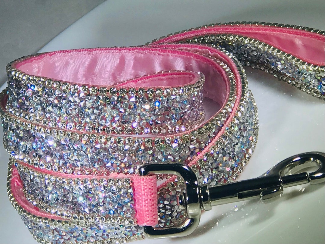 Blush Pink Aurora Crystal Diamond Leash 3/4" Wide Satin Ribbon Sparkling Faceted Rhinestones ...
