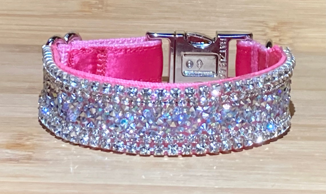 Bright Pink Rhinestone Bling Dog Collar, 4 Rows of Diamonds, 1" Wide ...