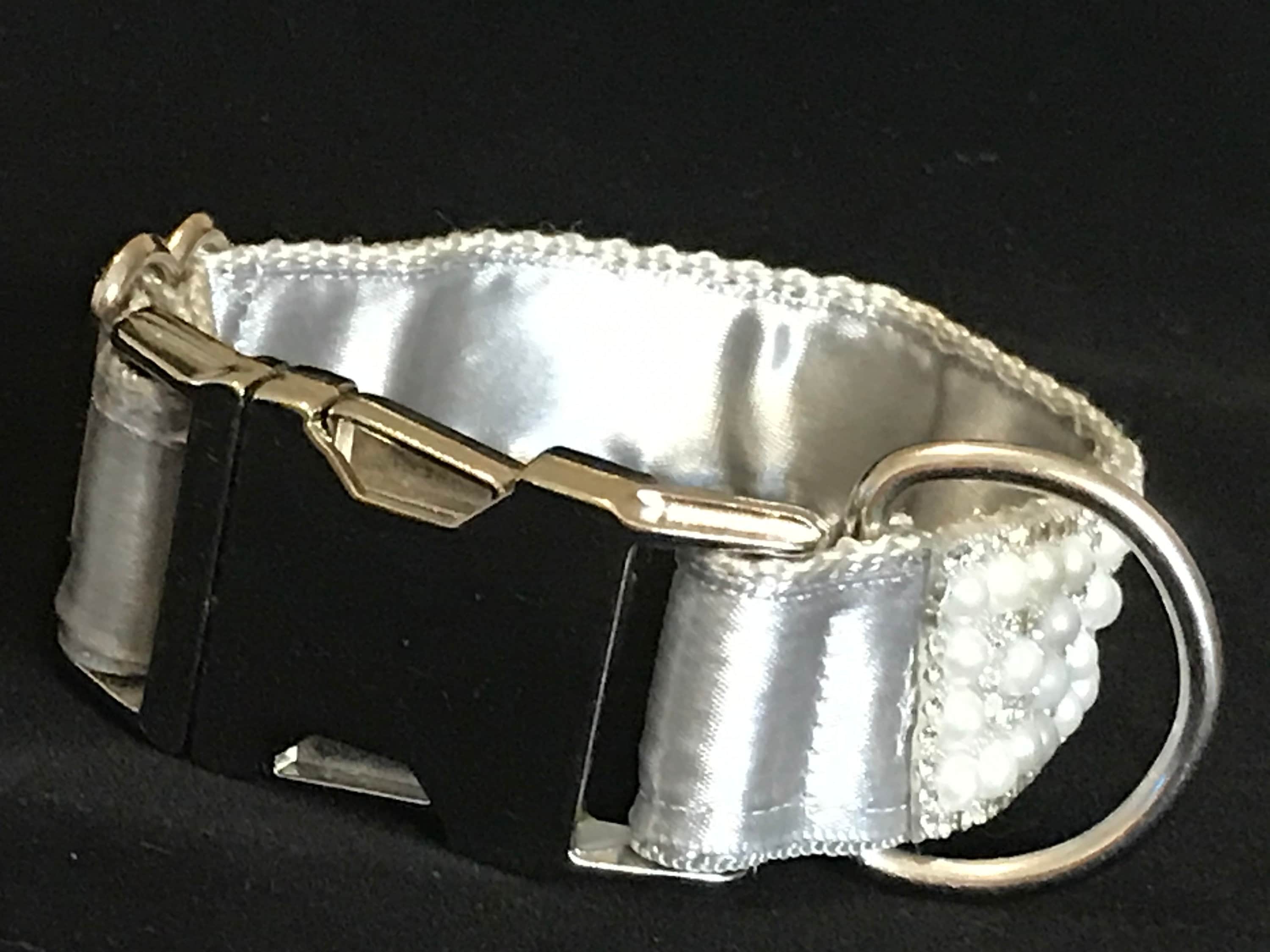 Pearl & Rhinestone Diamond Bling Dog Collar Silver Satin Ribbon Lining ...