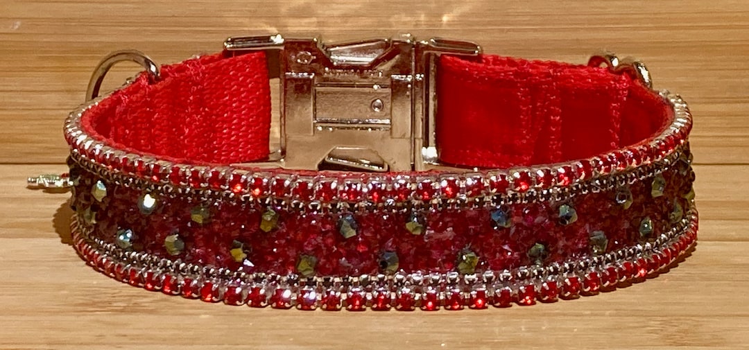 Real Rhinestone Ruby & Red Dog Collar, Diamanté Czech Red Diamond Lined ...