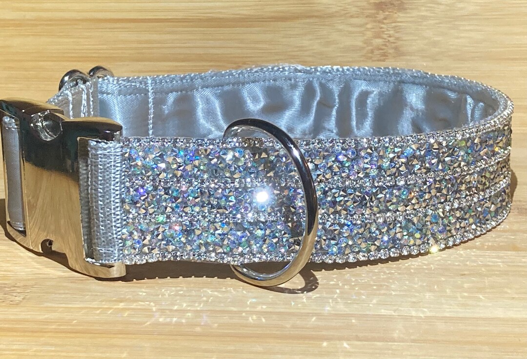 Real Rhinestone Dog Collar, 1.5 Inch Wide XL Silver Sparkling Aurora ...