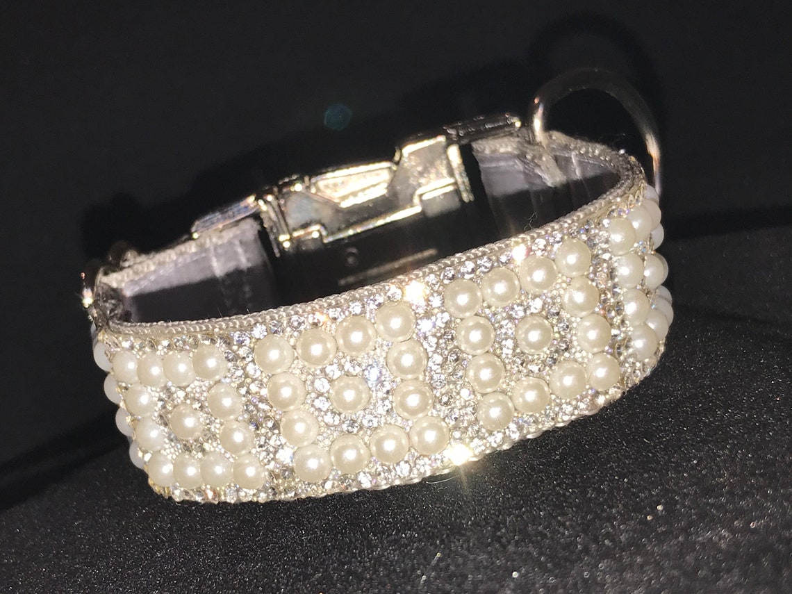 Pearl Rhinestone Diamond Bling Dog Collar Grey Nylon Satin | Etsy