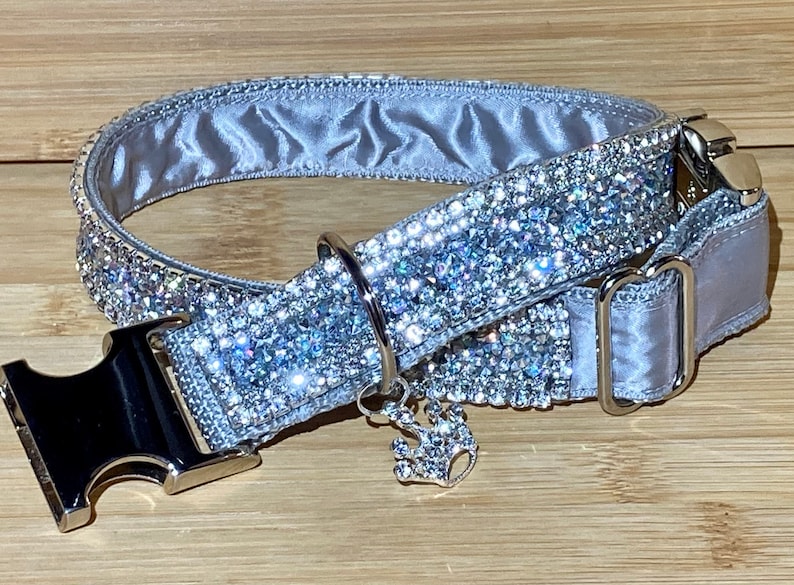 Real Rhinestone Bling Dog Collar 1" Grey Satin Four Sparkling Rows of ...