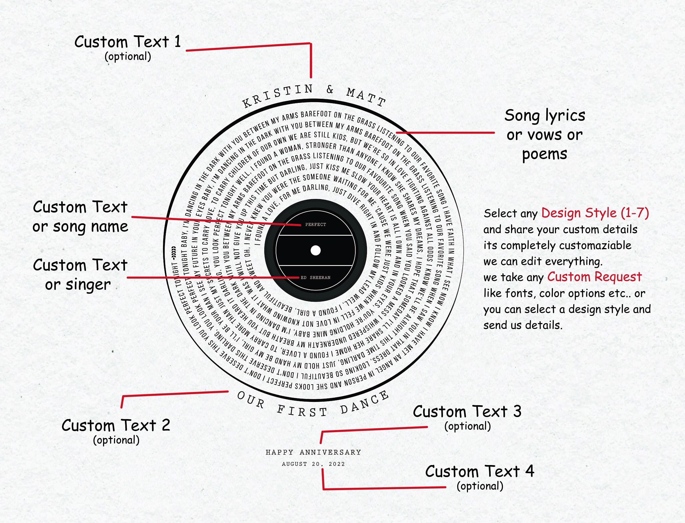 Any Song Lyrics Personalised Print | Custom Vinyl Record Label Wedding ...