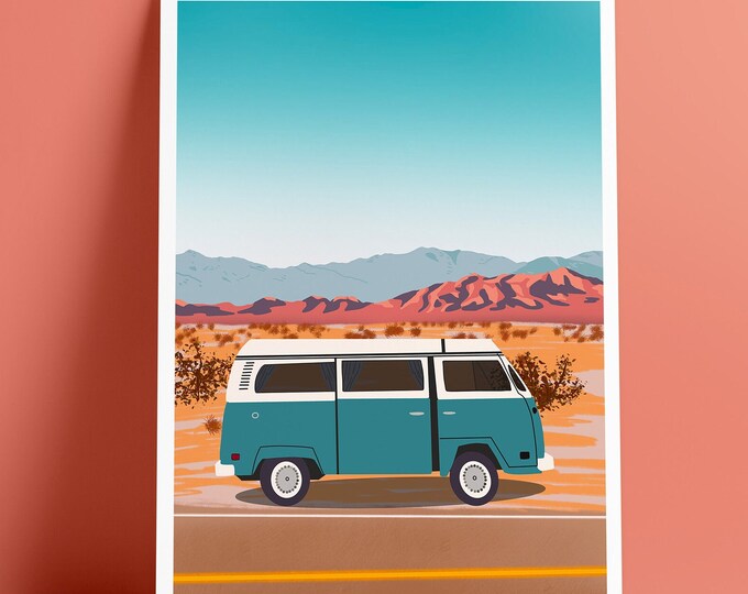 Van Life Poster, Landscape Illustration, Van Decoration, Vintage Combi ...