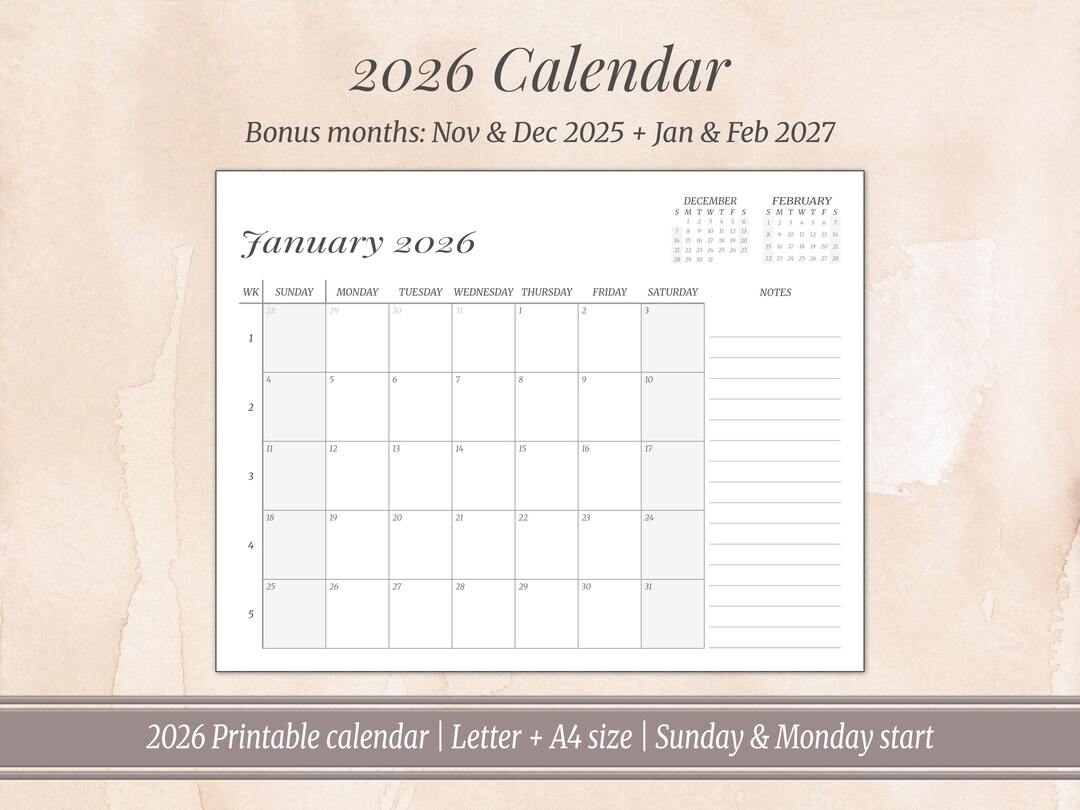 2026 Monthly Calendar Printable | A4 Letter Size (PDF) | Bonus Months ...