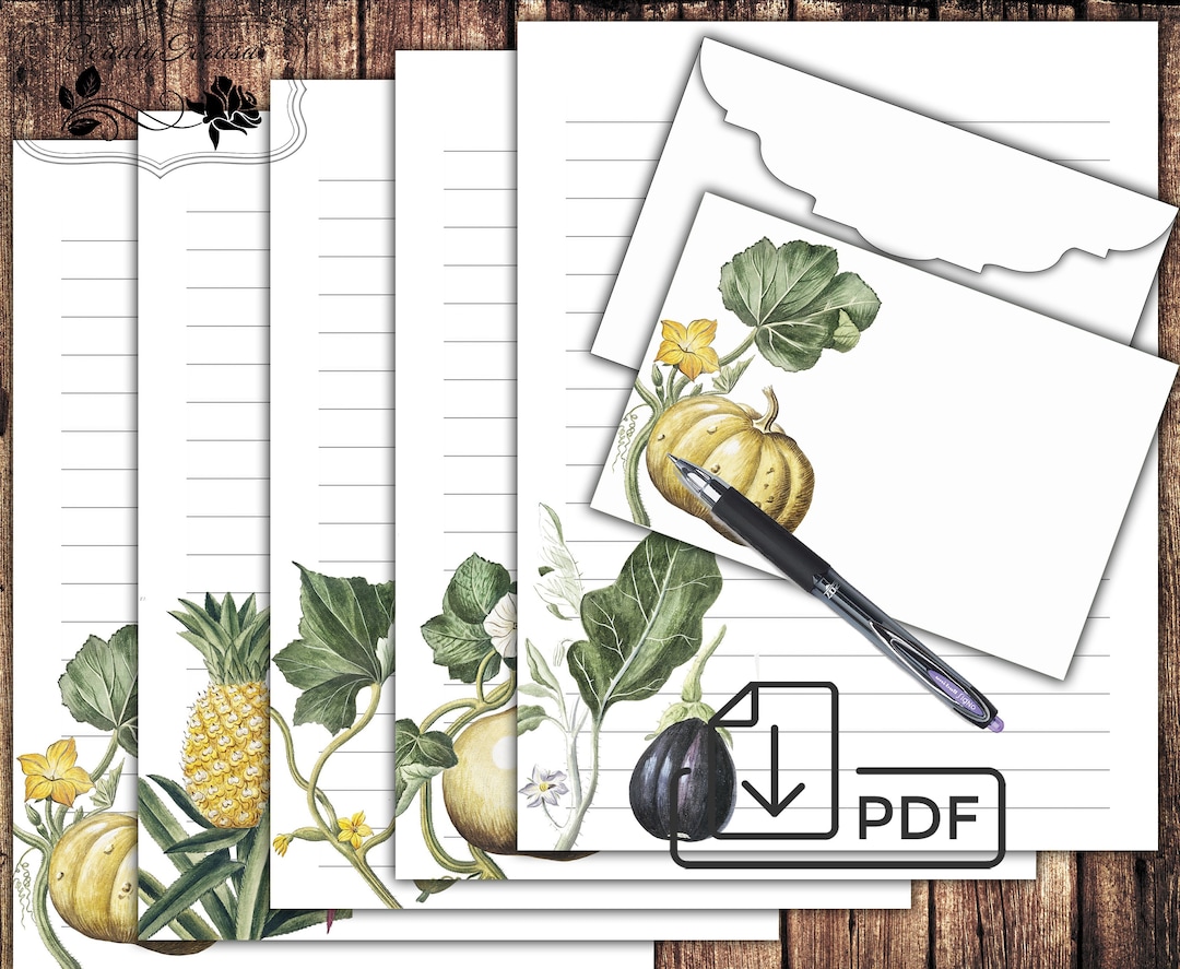 Printable Botanical Letter Writing Stationary Set,lined Paper&envelope ...