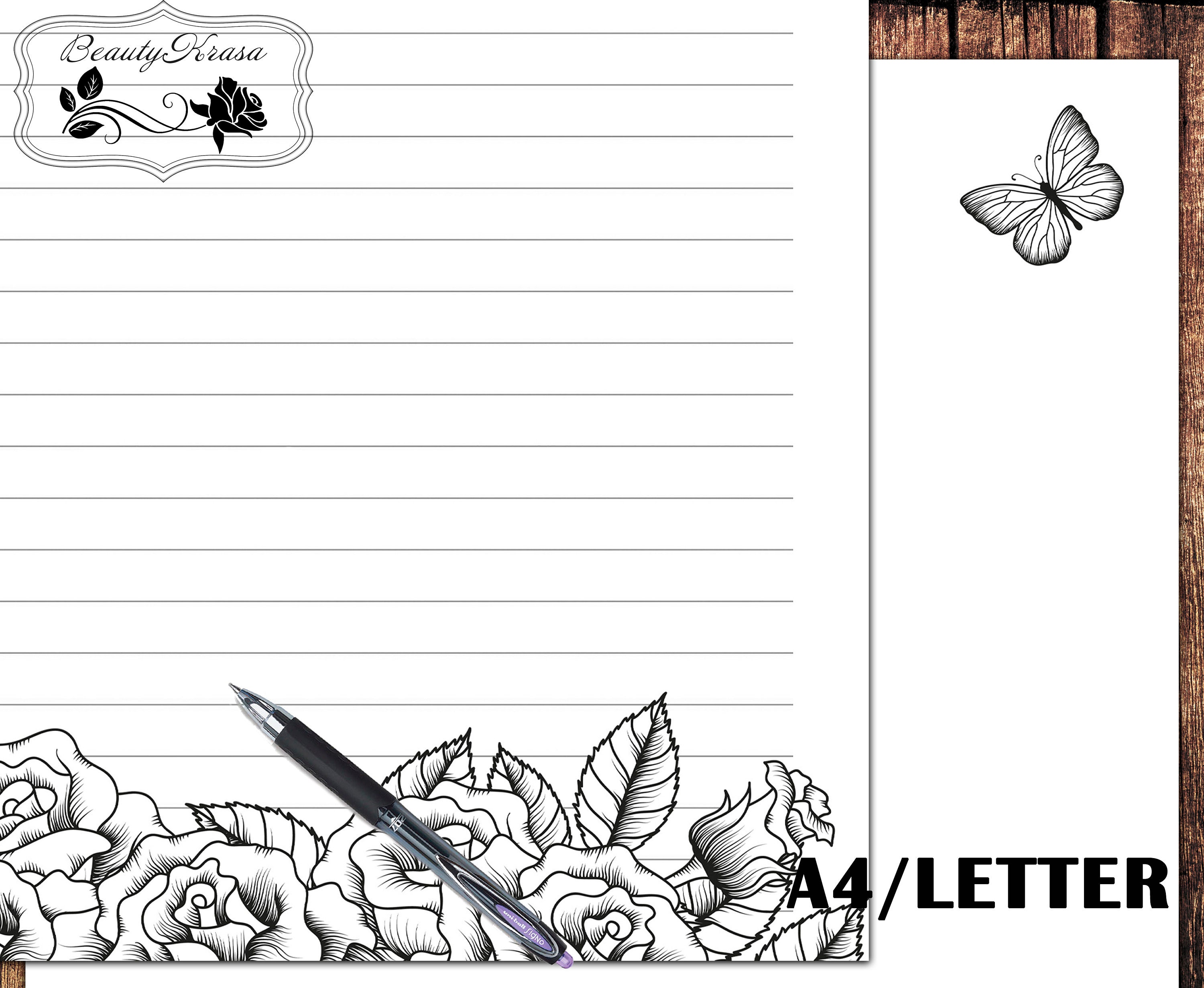 Black White Letter Writing Papers,stationary Set-8,us Letter Size & A4 ...