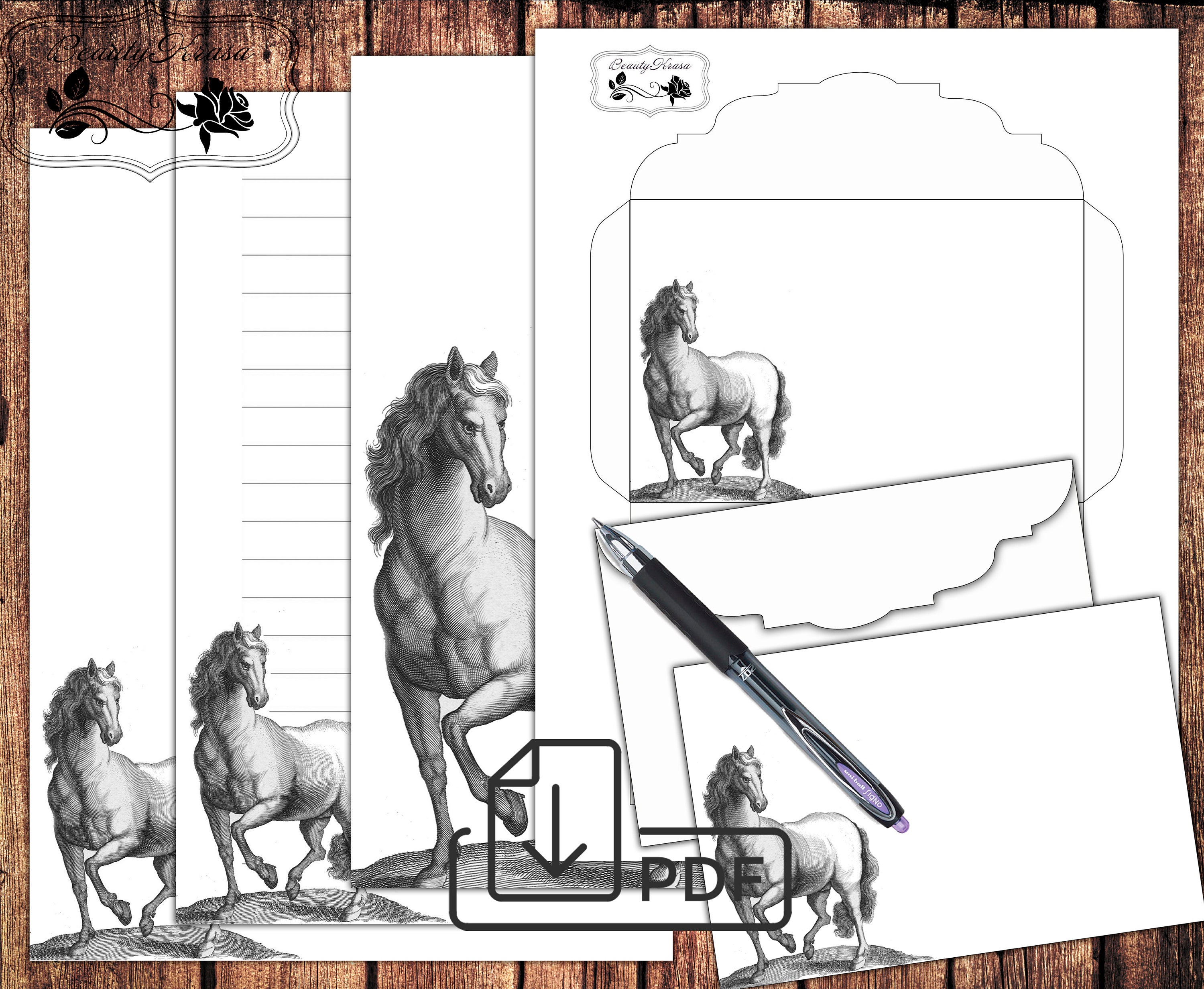 Printable Letter Writing Paper,stationery Set Vintage Horse,lined ...