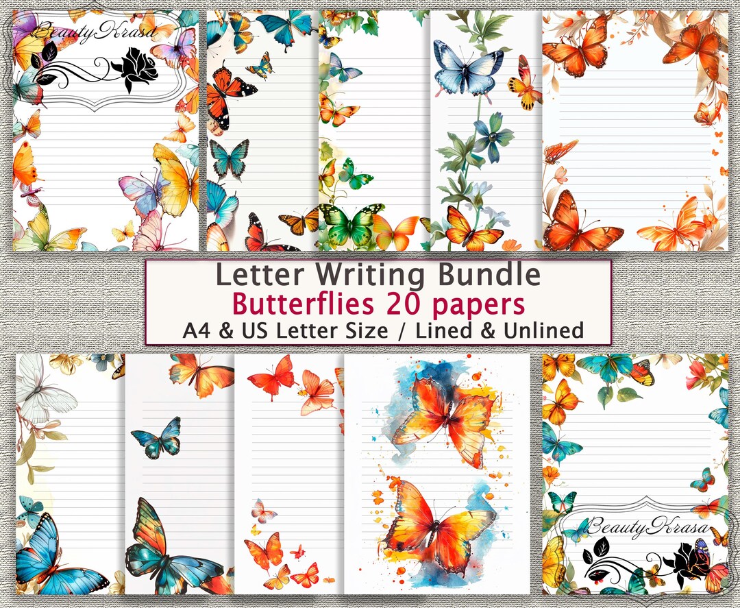 Letter Writing Bundle, Butterflies Digital Pdf Stationery Set,unlined ...