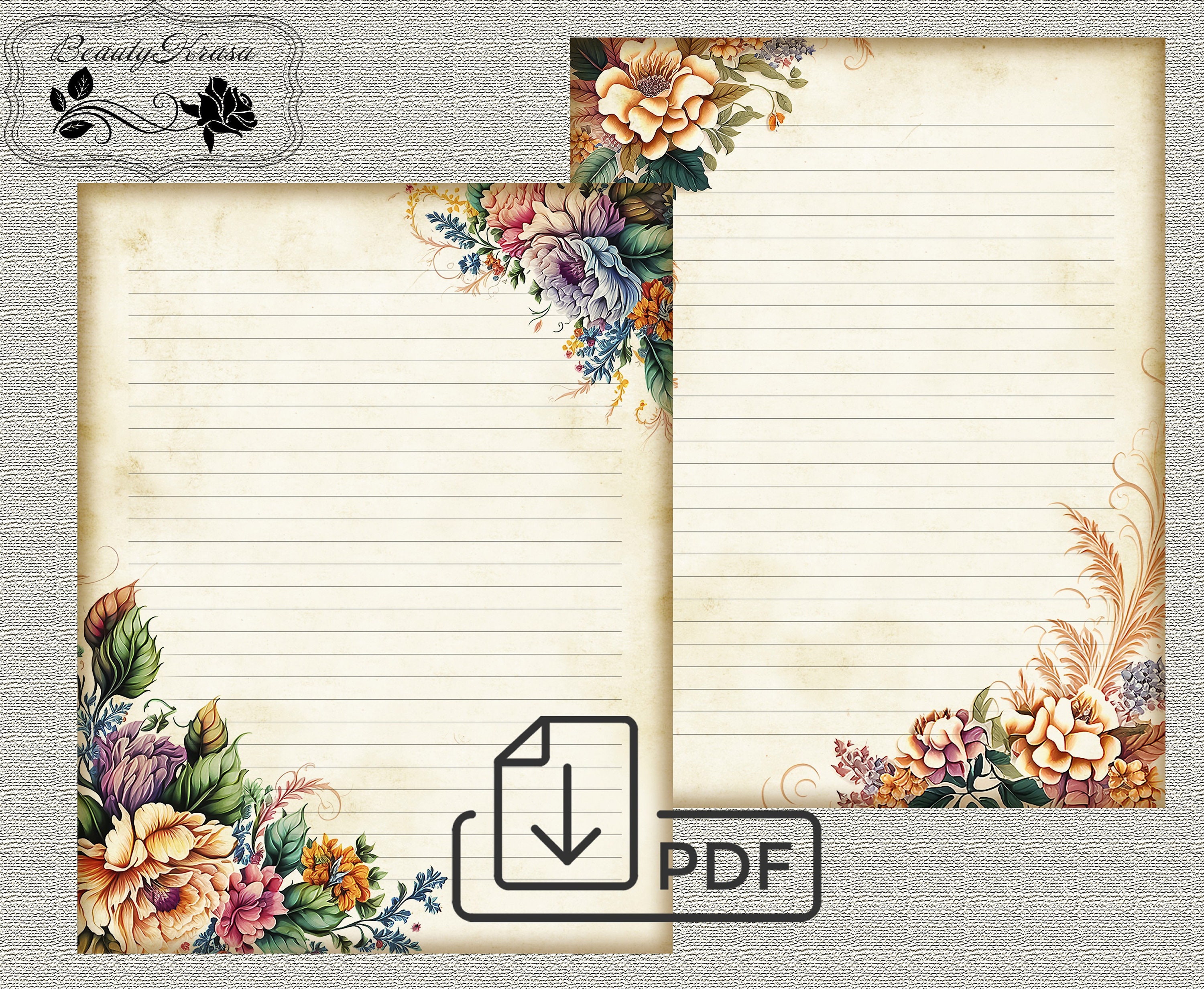 Letter Writing Bundle,floral Garland Printable Stationery,unlined Lined ...