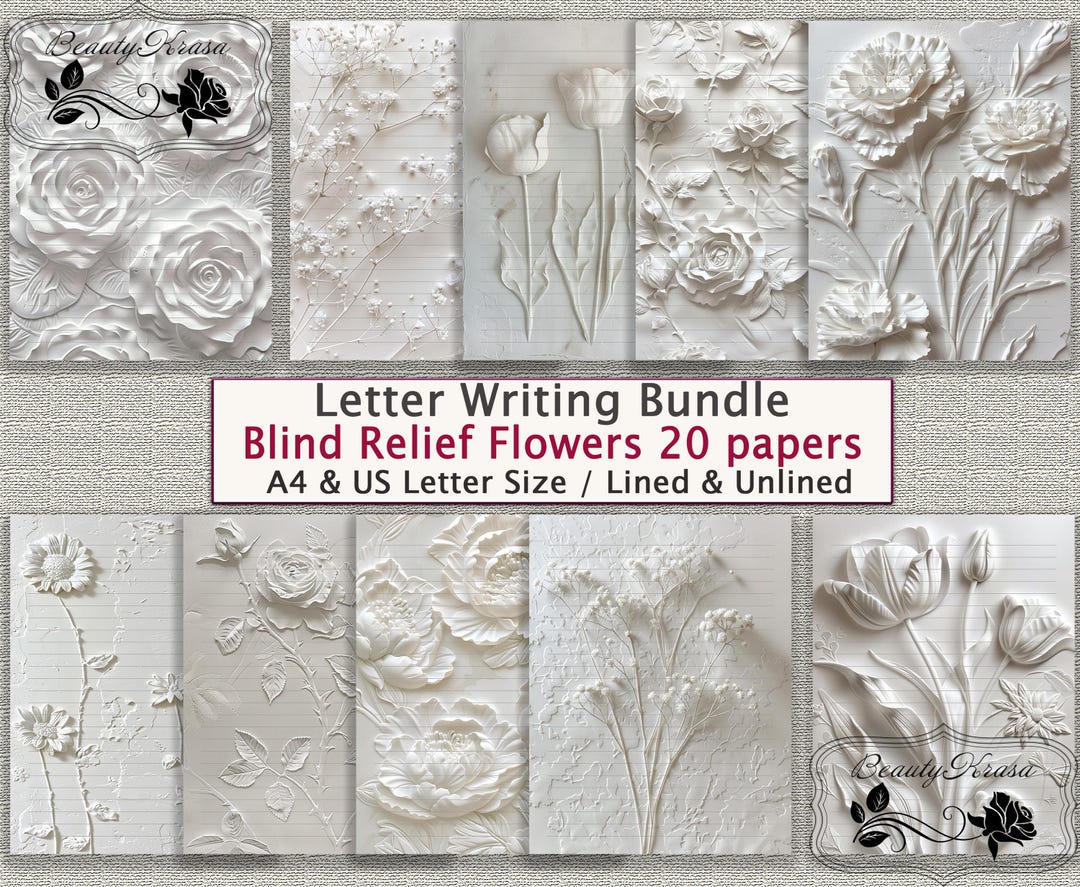 Letter Writing Bundle, Blind Relief Flowers PDF Stationery Set,unlined ...