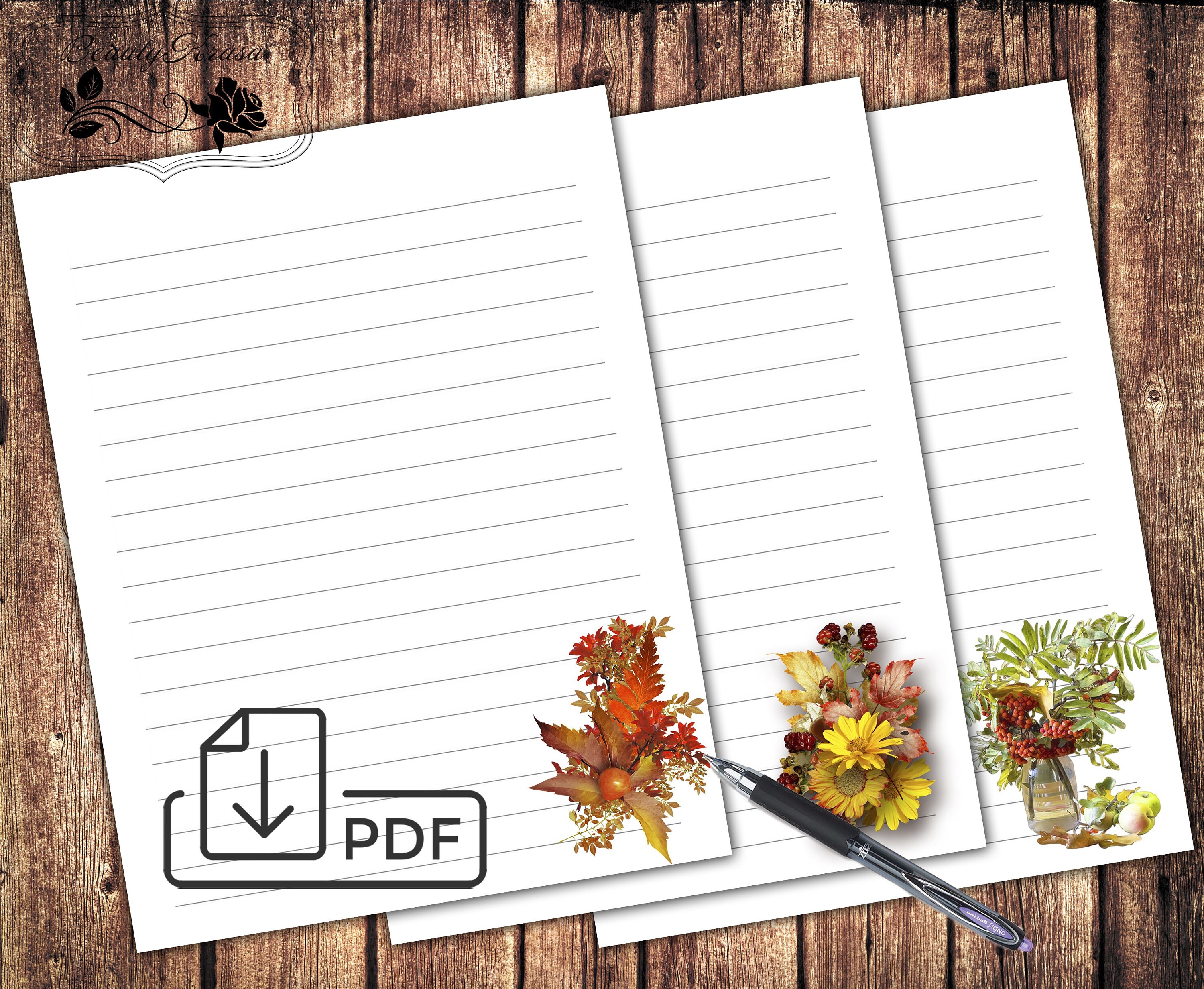 Stationary Set,printable Botanical Letter Writing Lined Paper&envelope ...