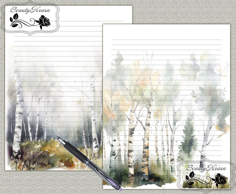 Letter Writing Bundle,printable Pdf Stationery Set Birch Forest,unlined ...