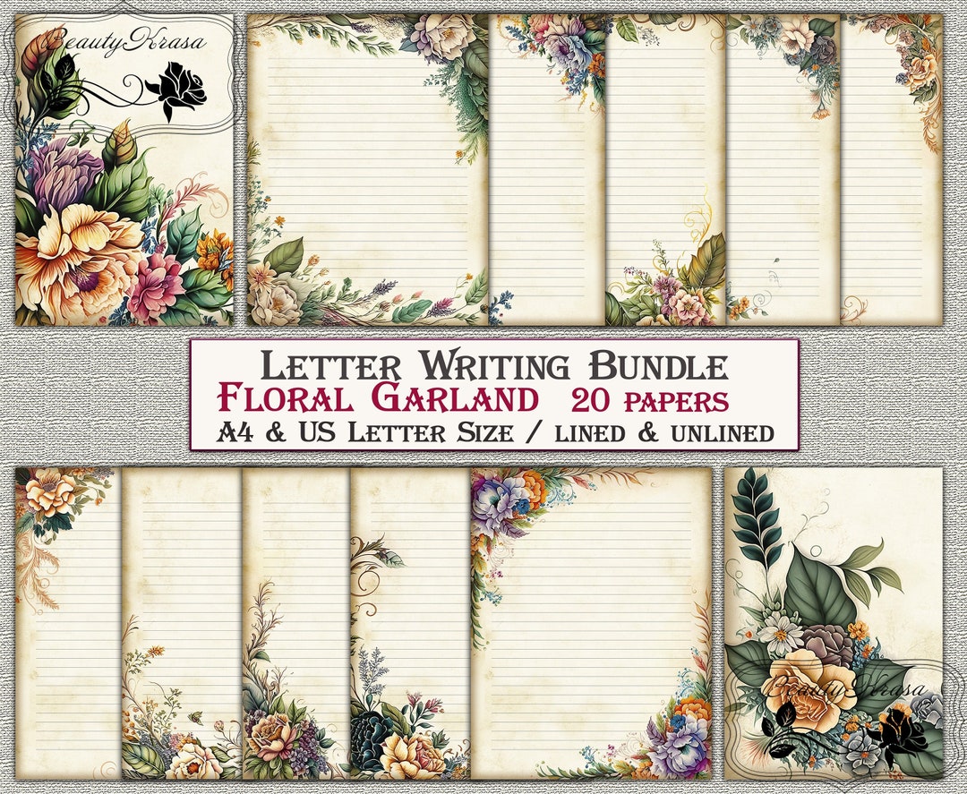 Letter Writing Bundle,floral Garland Printable Stationery,unlined Lined ...