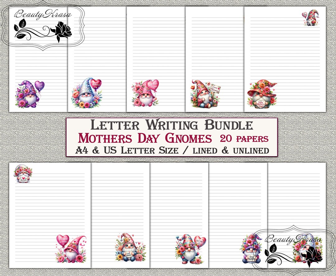 Letter Writing Bundle, Mother's Day Gnomes PDF Stationery,unlined Lined ...