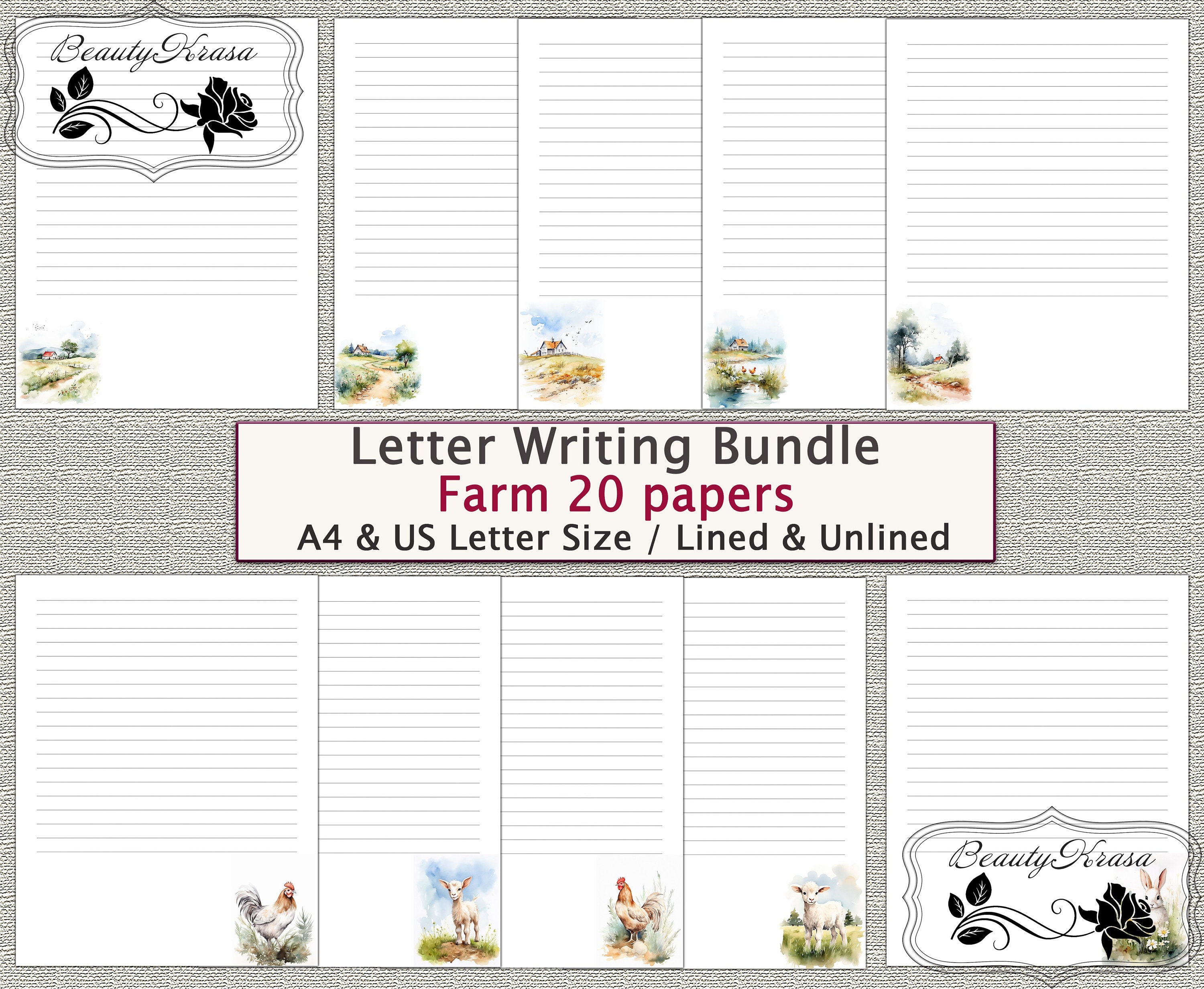 Letter Writing Bundle,printable Pdf Stationery Set Farm,unlined Lined ...