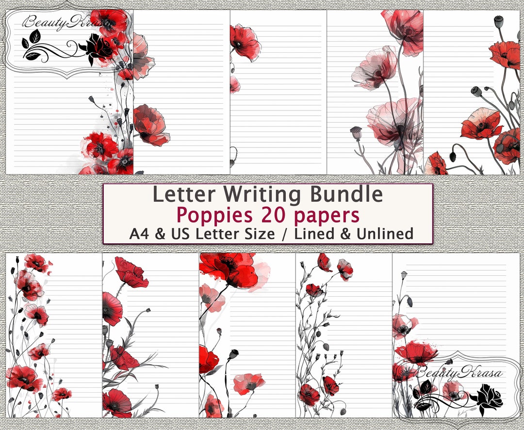 Letter Writing Bundle, Poppies PDF Stationery,unlined Lined 20 Papers ...