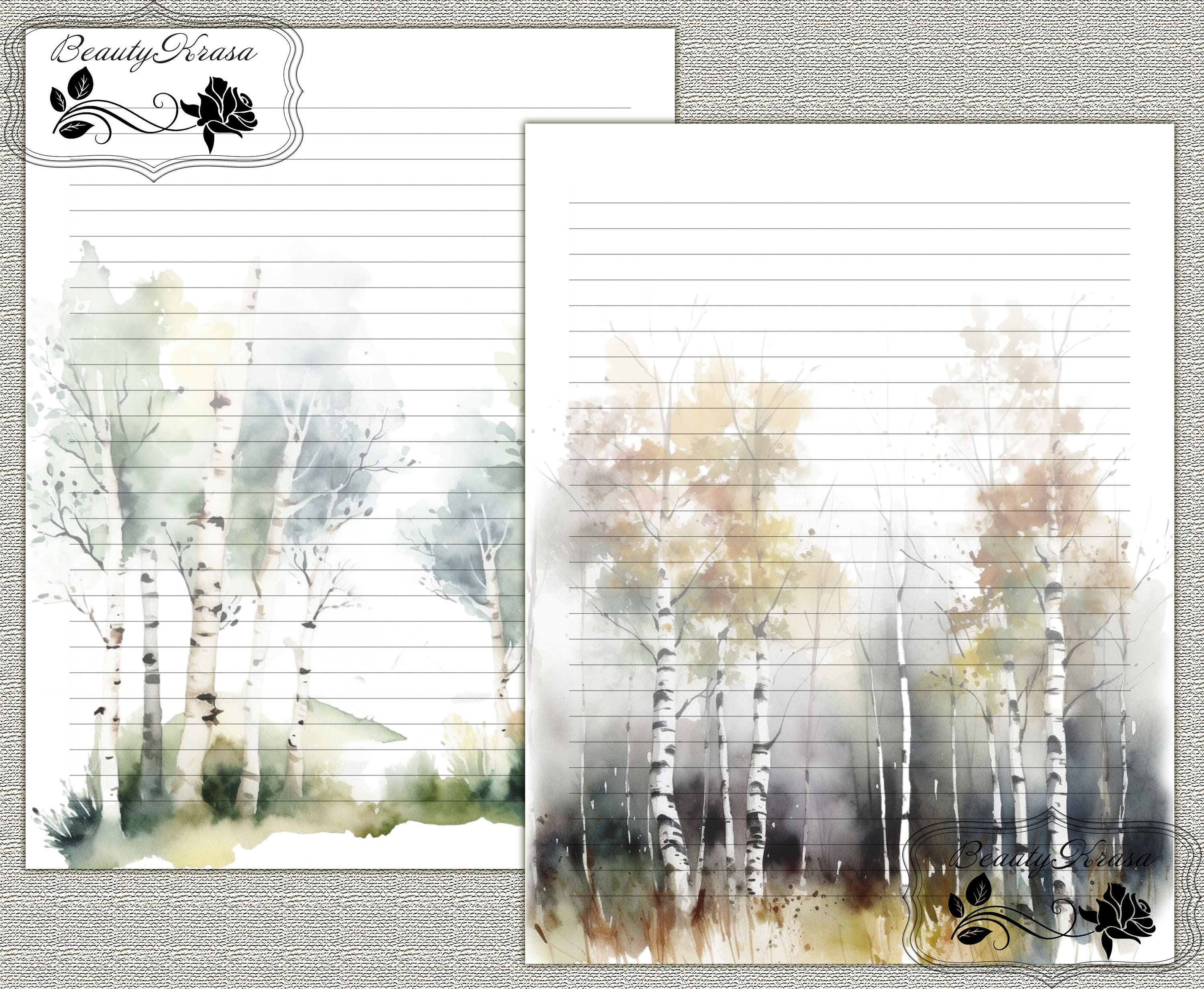 Letter Writing Bundle,printable Pdf Stationery Set Birch Forest,unlined ...