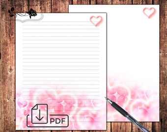 Printable Stationery, Watercolor, Hearts, Pink and Red, Pretty, Lined ...
