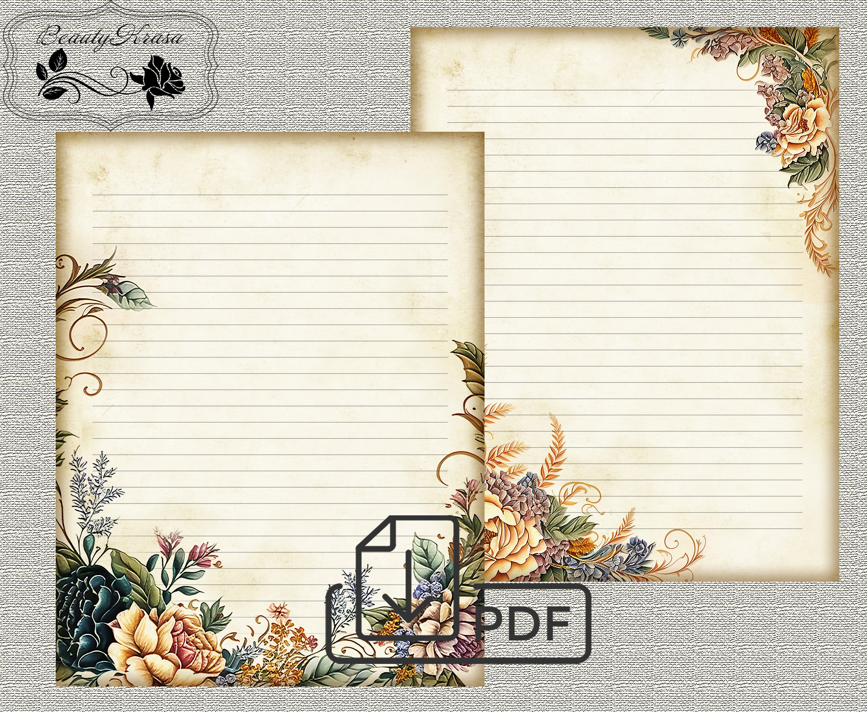 Letter Writing Bundle,floral Garland Printable Stationery,unlined Lined ...