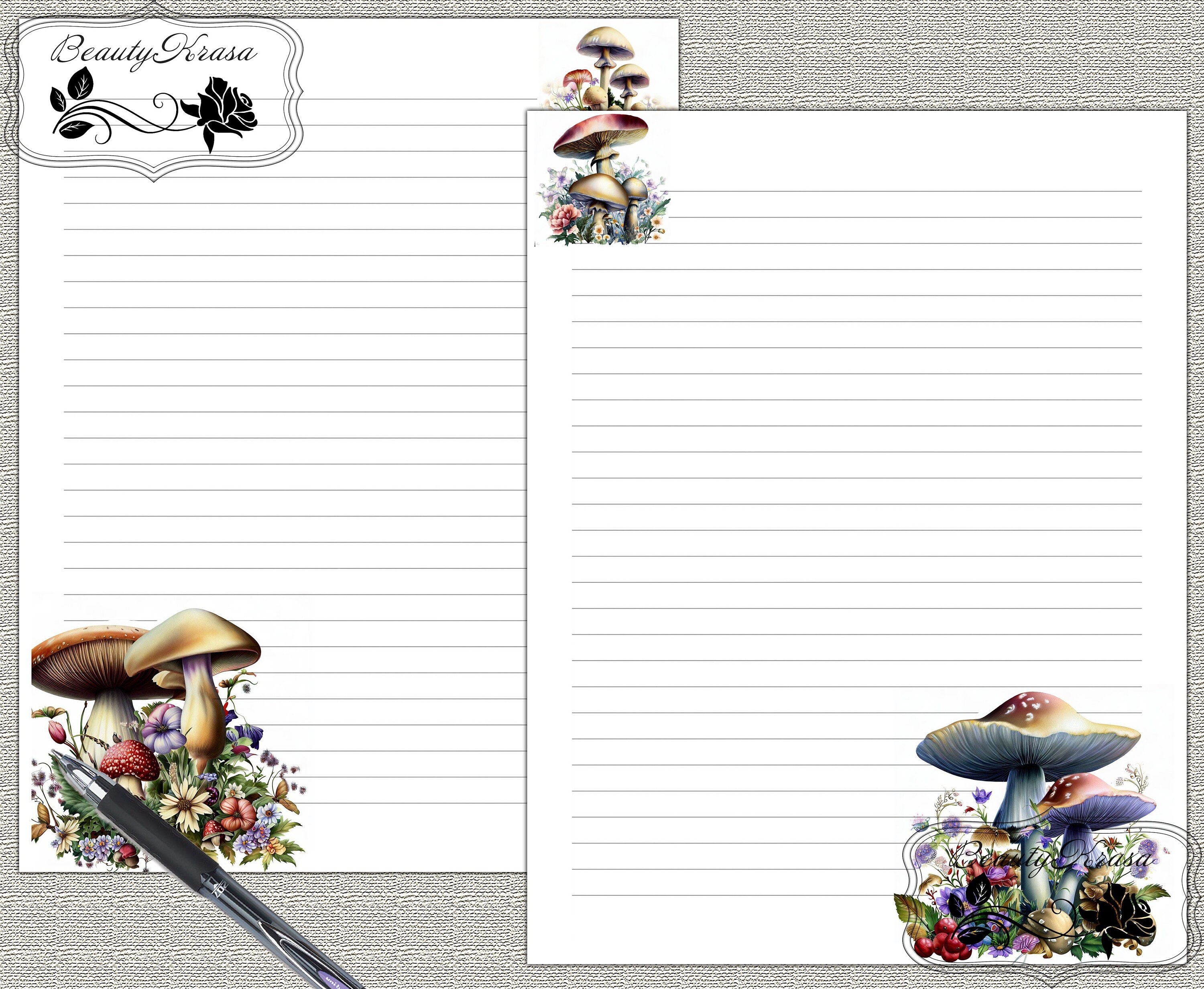 Letter Bundle Writing Stationery Set,printable Stationary Pdf Mushrooms ...