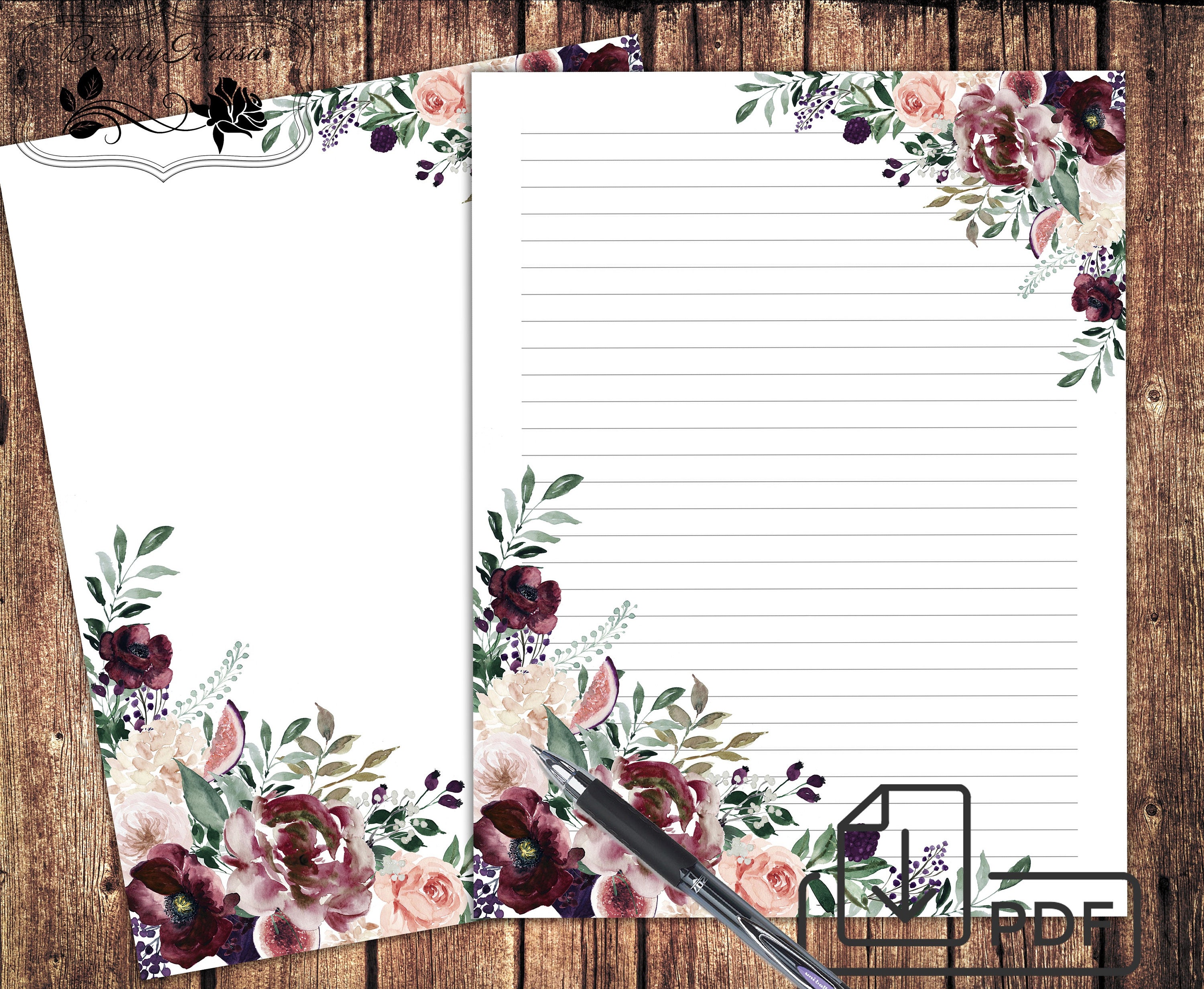 Letter Printable Writing Paper, Floral Decor Stationery Set, Unlined ...