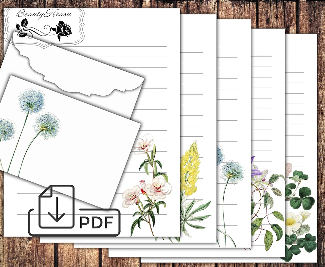 Printable Botanical Letter Writing Set,lined Paper&envelope,stationery ...