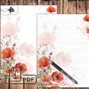 Stationary Set Poppy Decor,printable Letter Writing Paper,unlined Lined ...