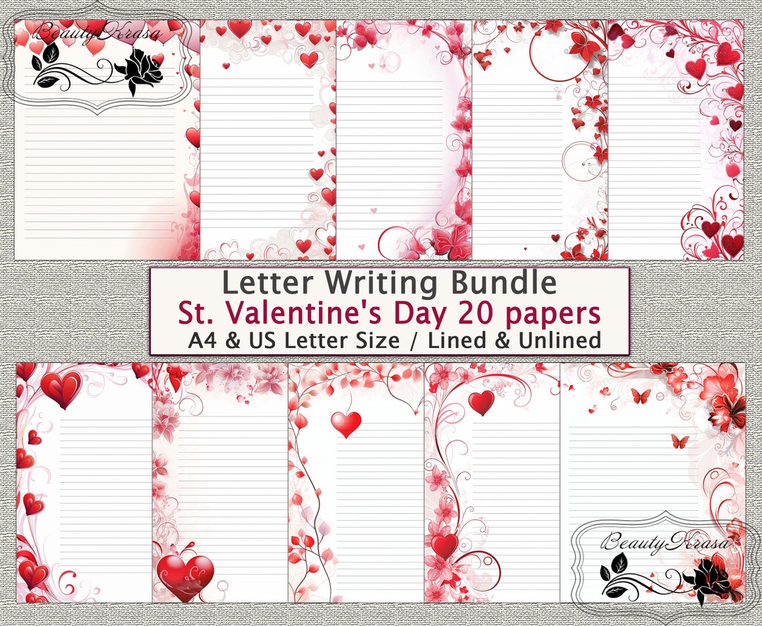 Letter Writing Bundle, St. Valentine's Day PDF Stationery,unlined Lined ...