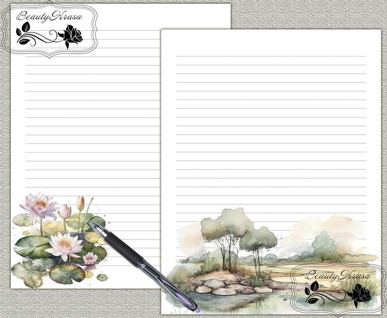 Letter Writing Bundle,printable Pdf Stationery Set Lily Pond,unlined ...