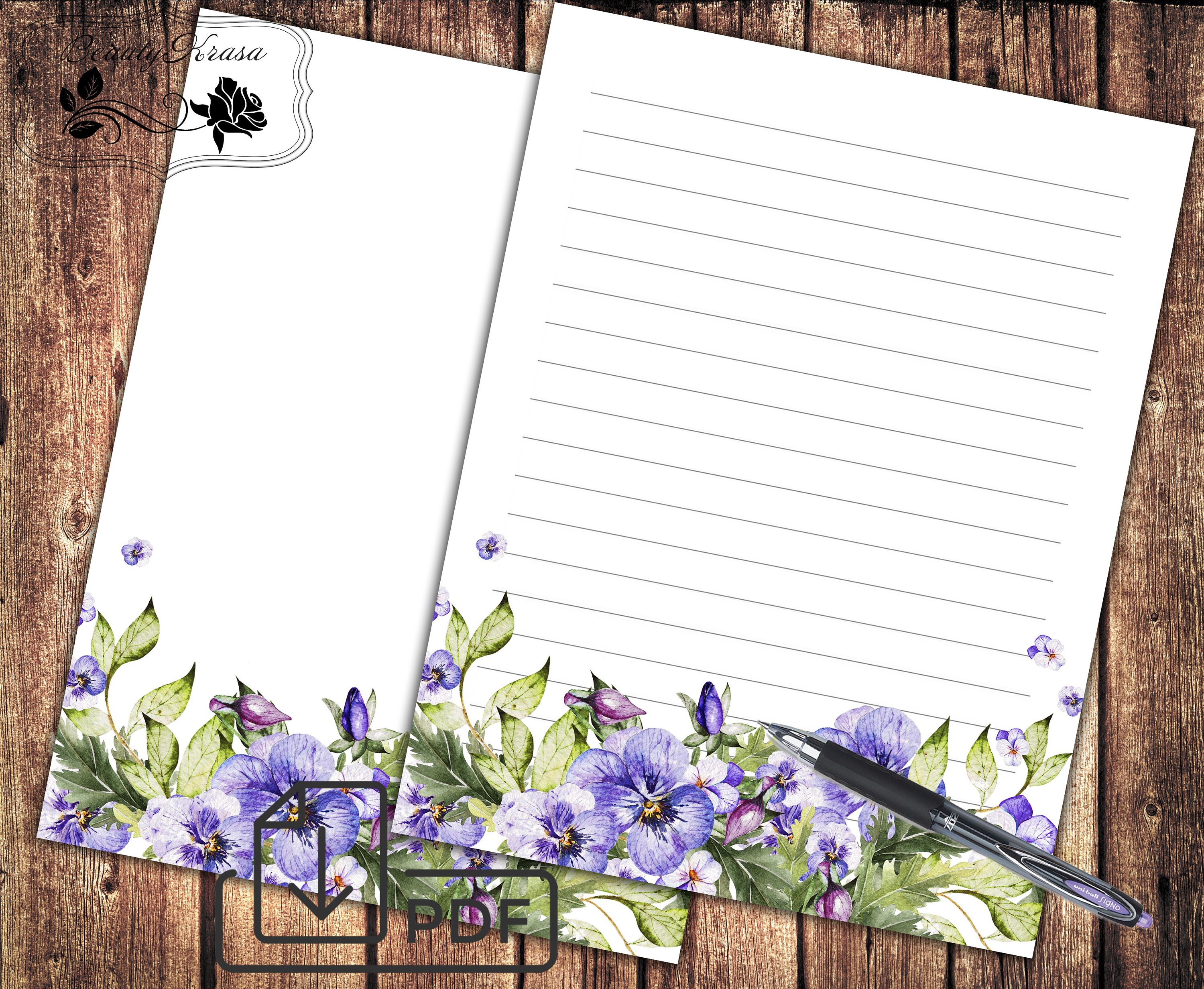 Stationary Set,printable Floral Letter Writing Paper&envelope Pansies ...