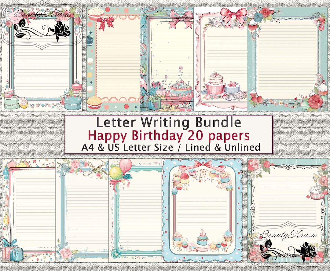 Letter Writing Bundle, Happy Birthday PDF Stationery,unlined Lined 20 ...