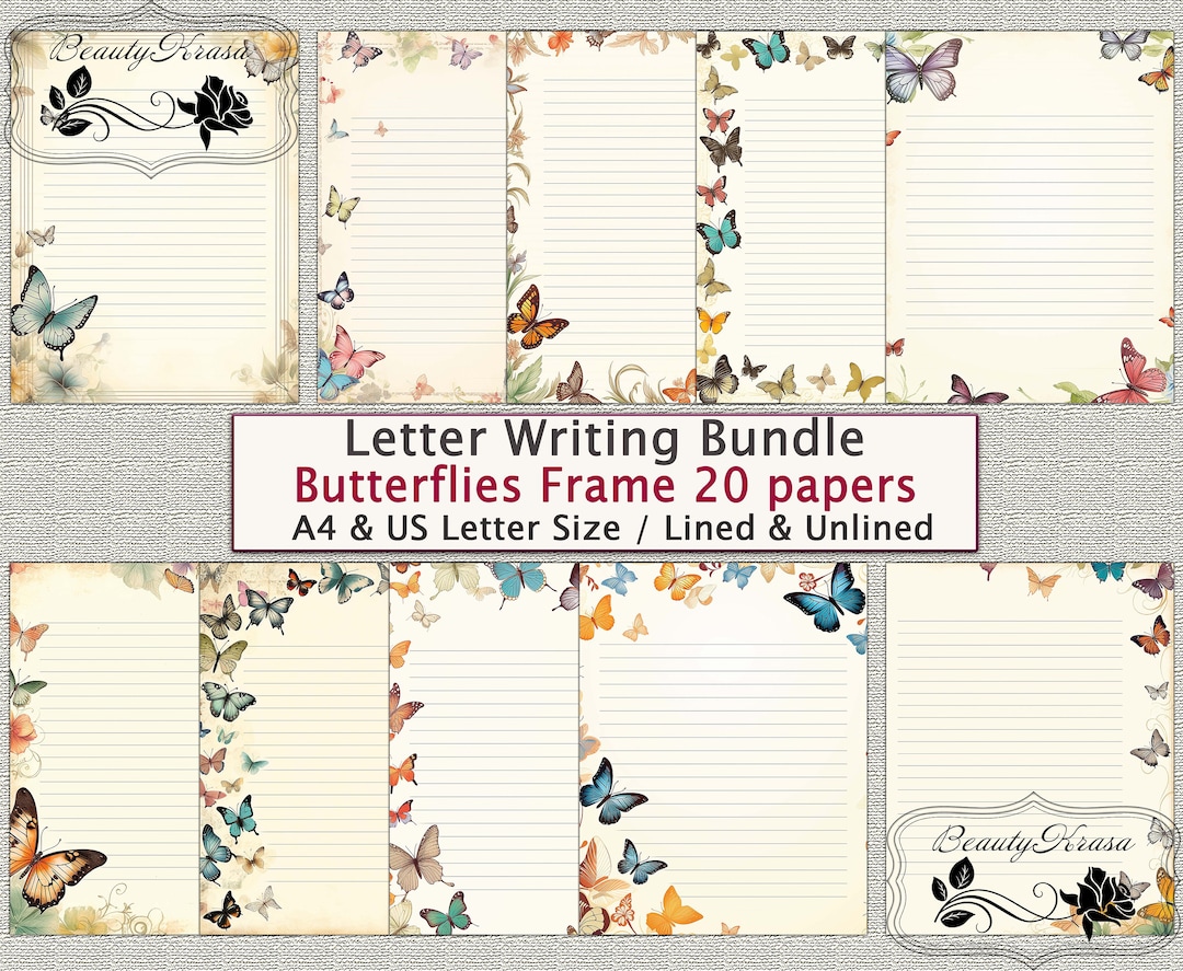 Letter Writing Bundle, Butterflies Frame PDF Stationery,unlined Lined ...