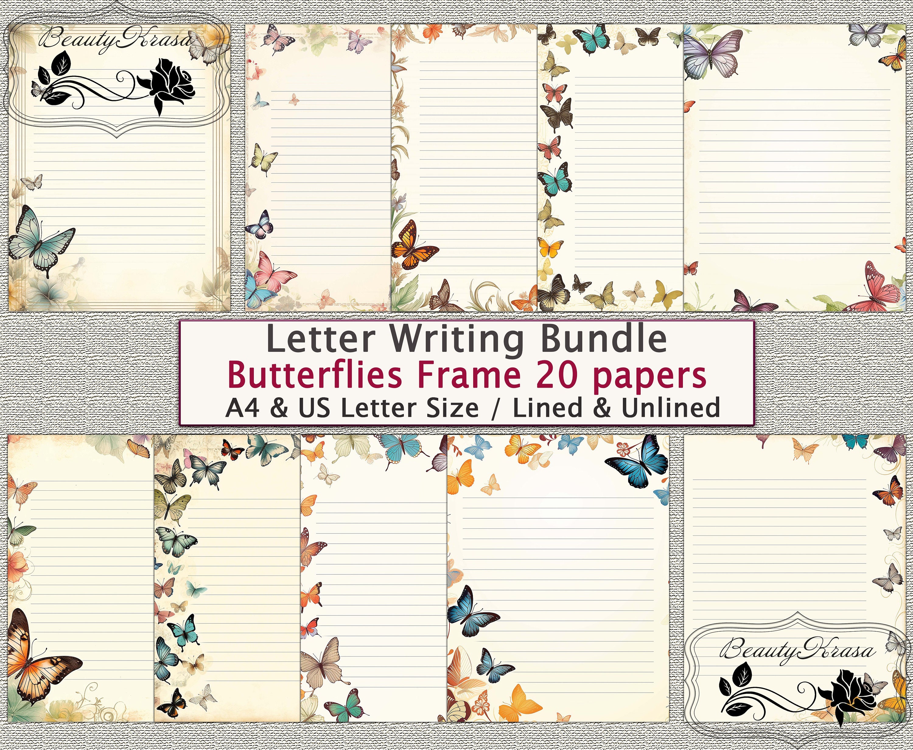 Letter Writing Bundle, Butterflies Frame PDF Stationery,unlined Lined ...