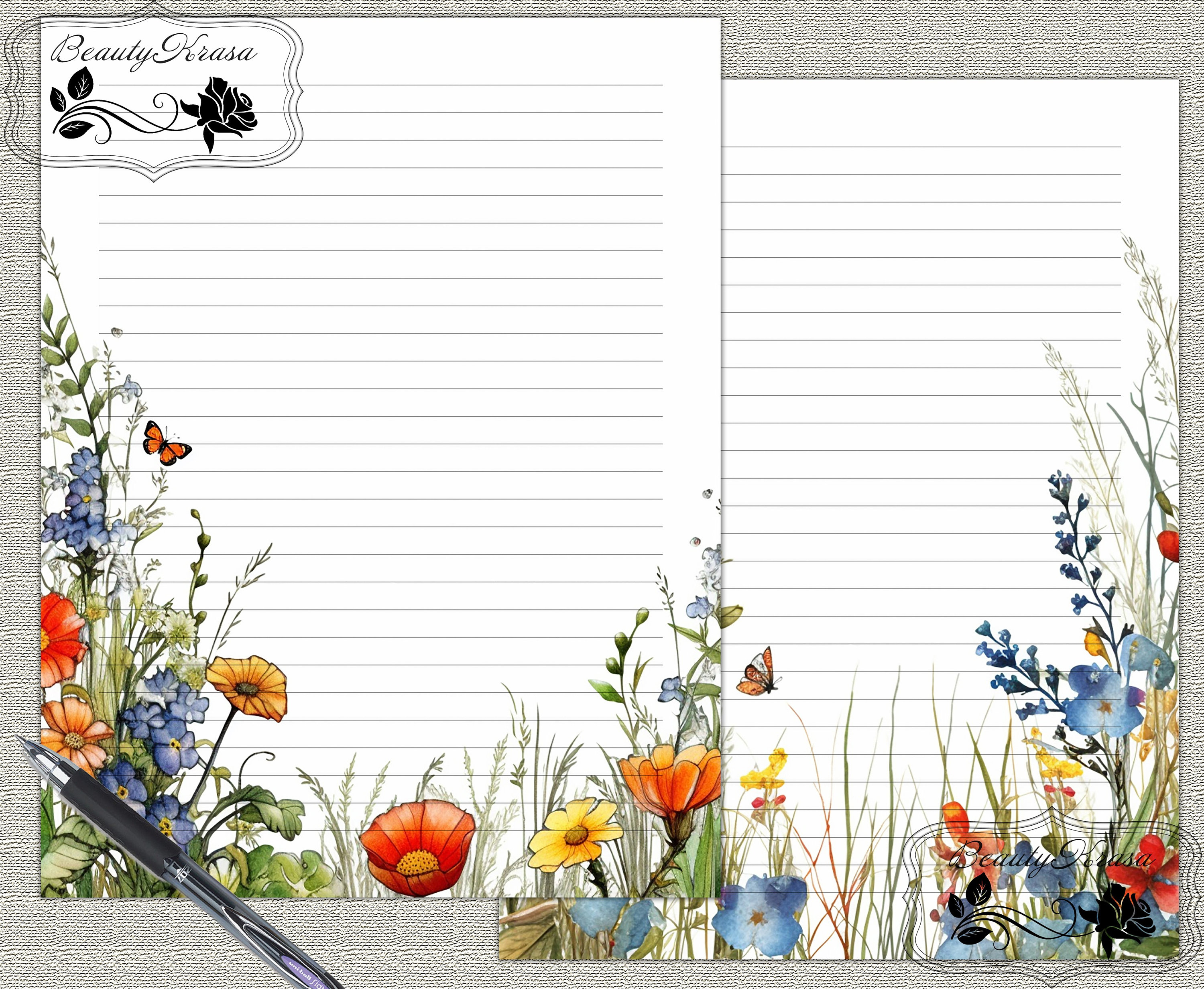 Letter Writing Bundle,meadow Flowers Printable Stationery,unlined Lined ...
