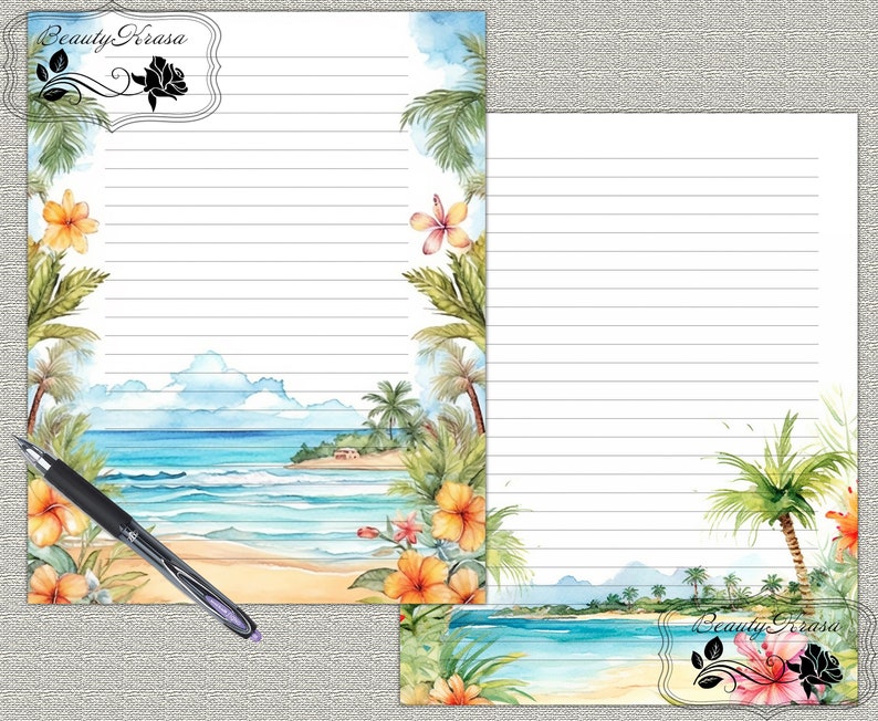 Letter Writing Bundle,summer Beach Printable Stationery,unlined Lined ...