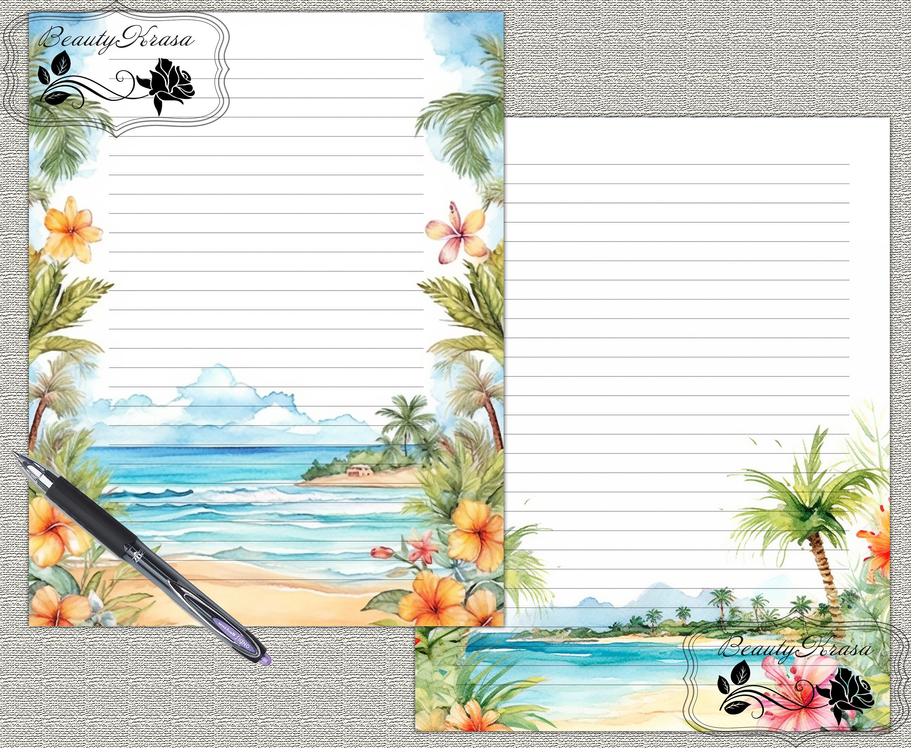 Letter Writing Bundle,summer Beach Printable Stationery,unlined Lined ...