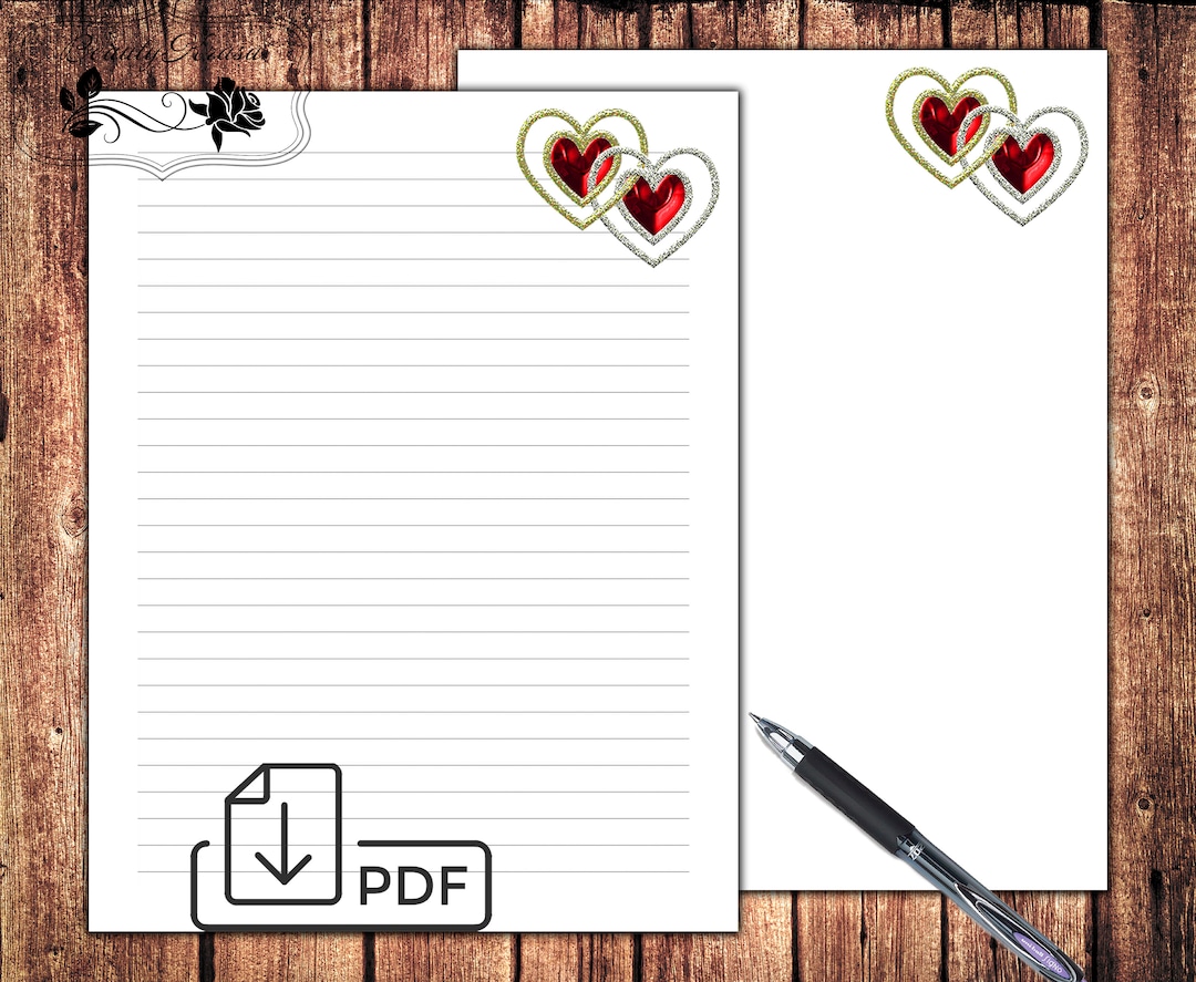 Valentine's Day Stationery Printable, Hearts Letter Writing Unlined ...
