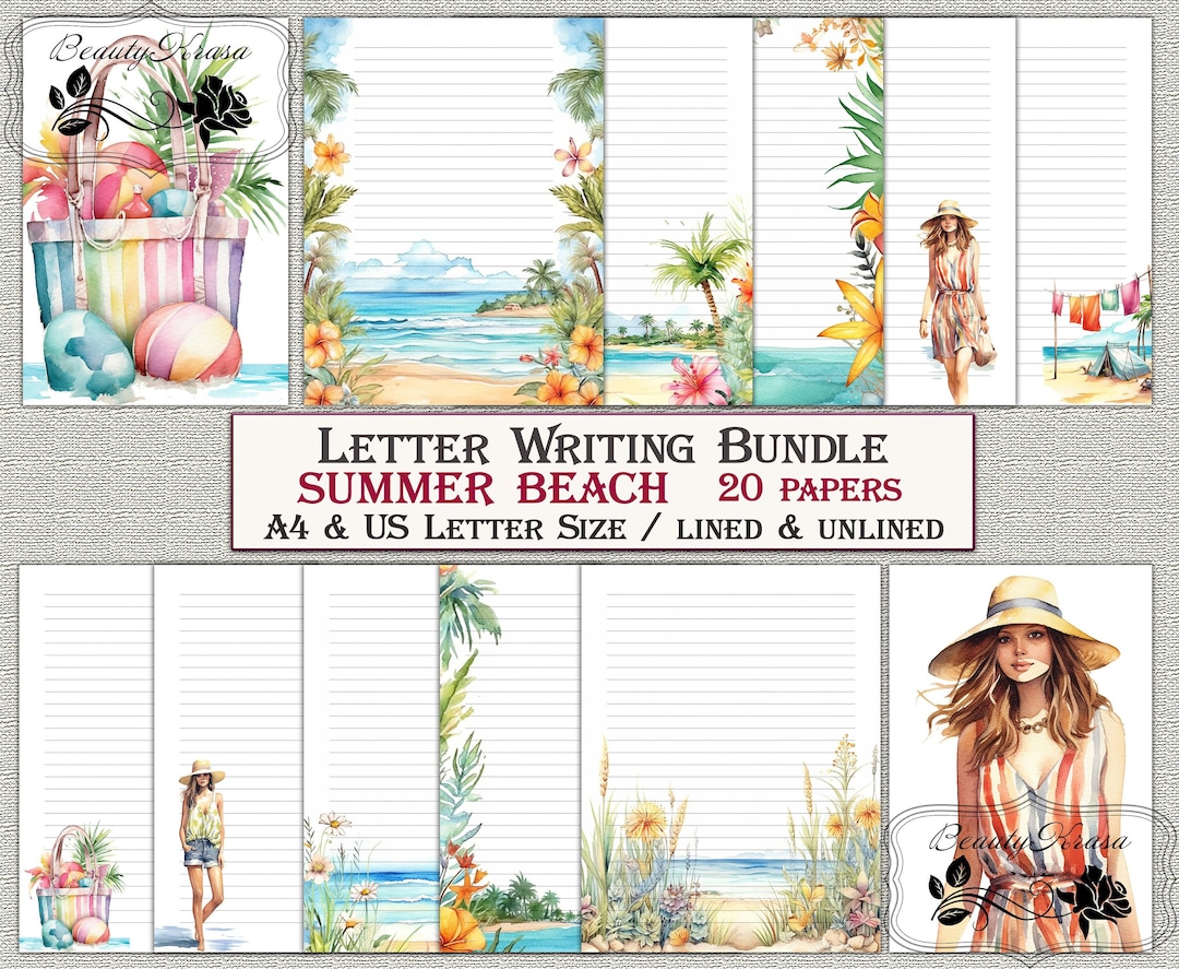 Letter Writing Bundle,summer Beach Printable Stationery,unlined Lined ...