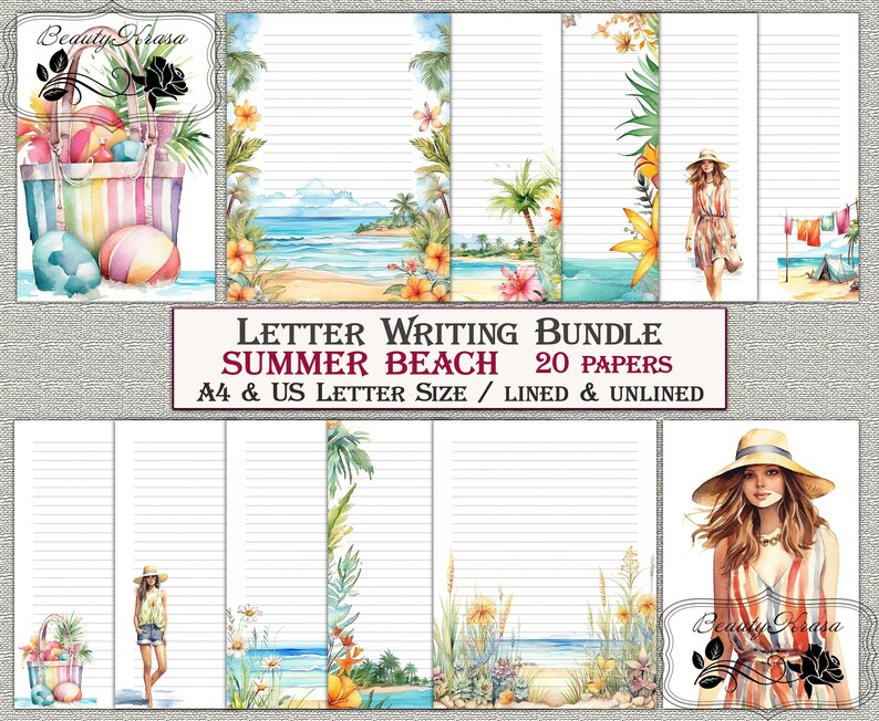 Letter Writing Bundle,summer Beach Printable Stationery,unlined Lined ...