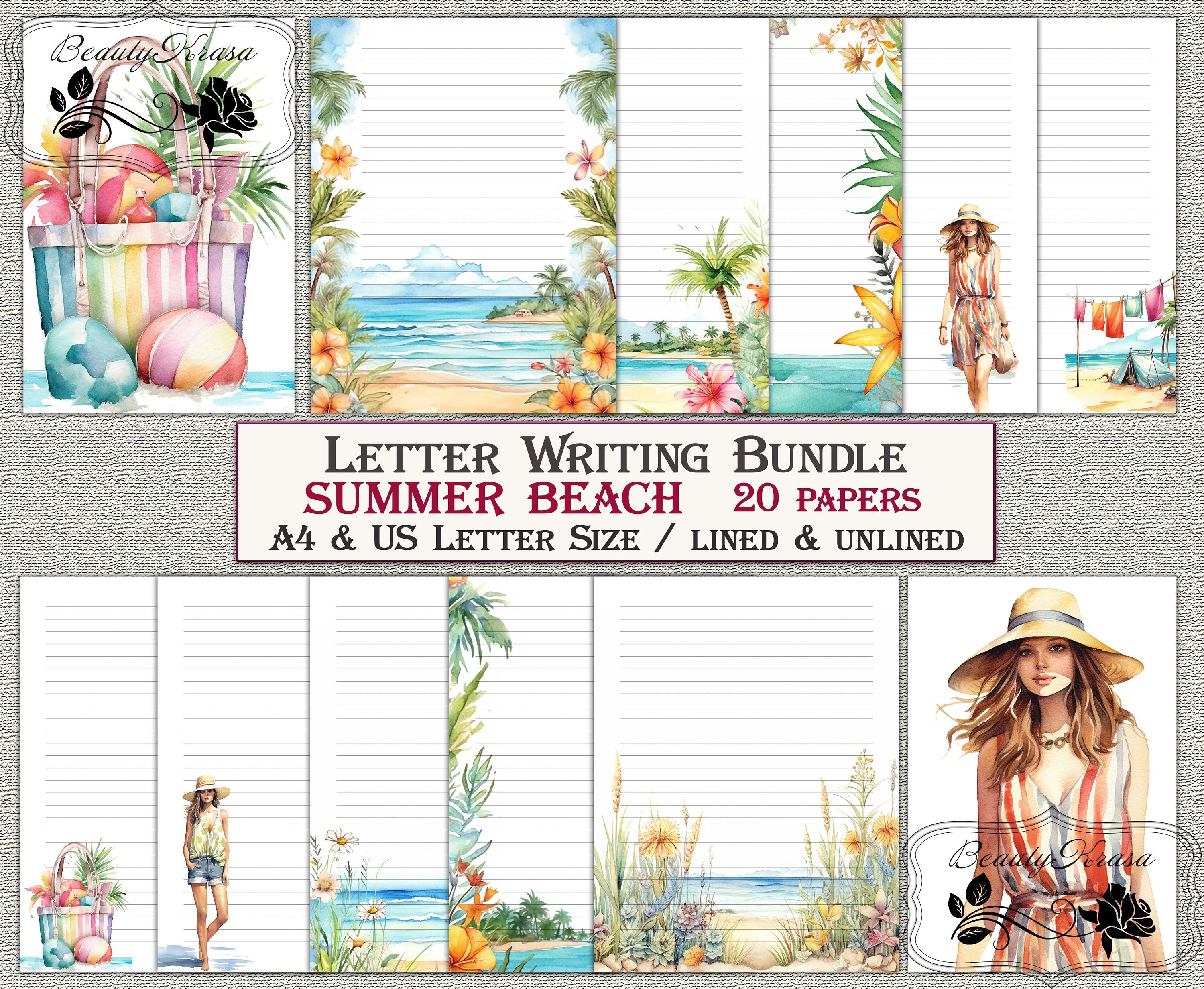 Letter Writing Bundle,summer Beach Printable Stationery,unlined Lined ...
